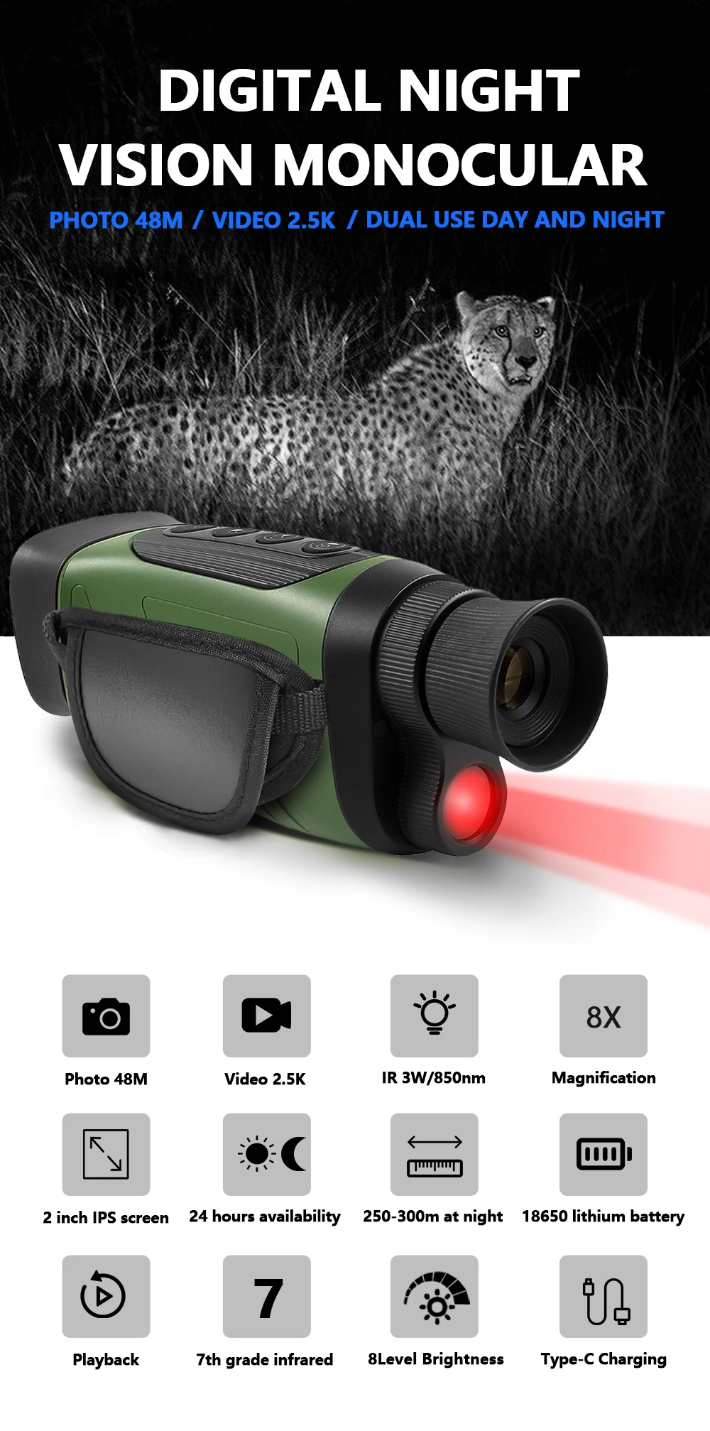 Small Compact Night Vision Device - 8x Digital Zoom Monocular