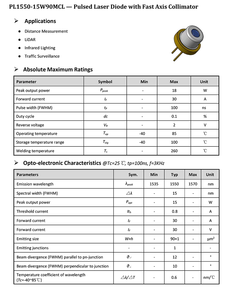 1550nm Pulsed Laser Diode Pld 15w To9 Package With Fast-axis Collimator ...