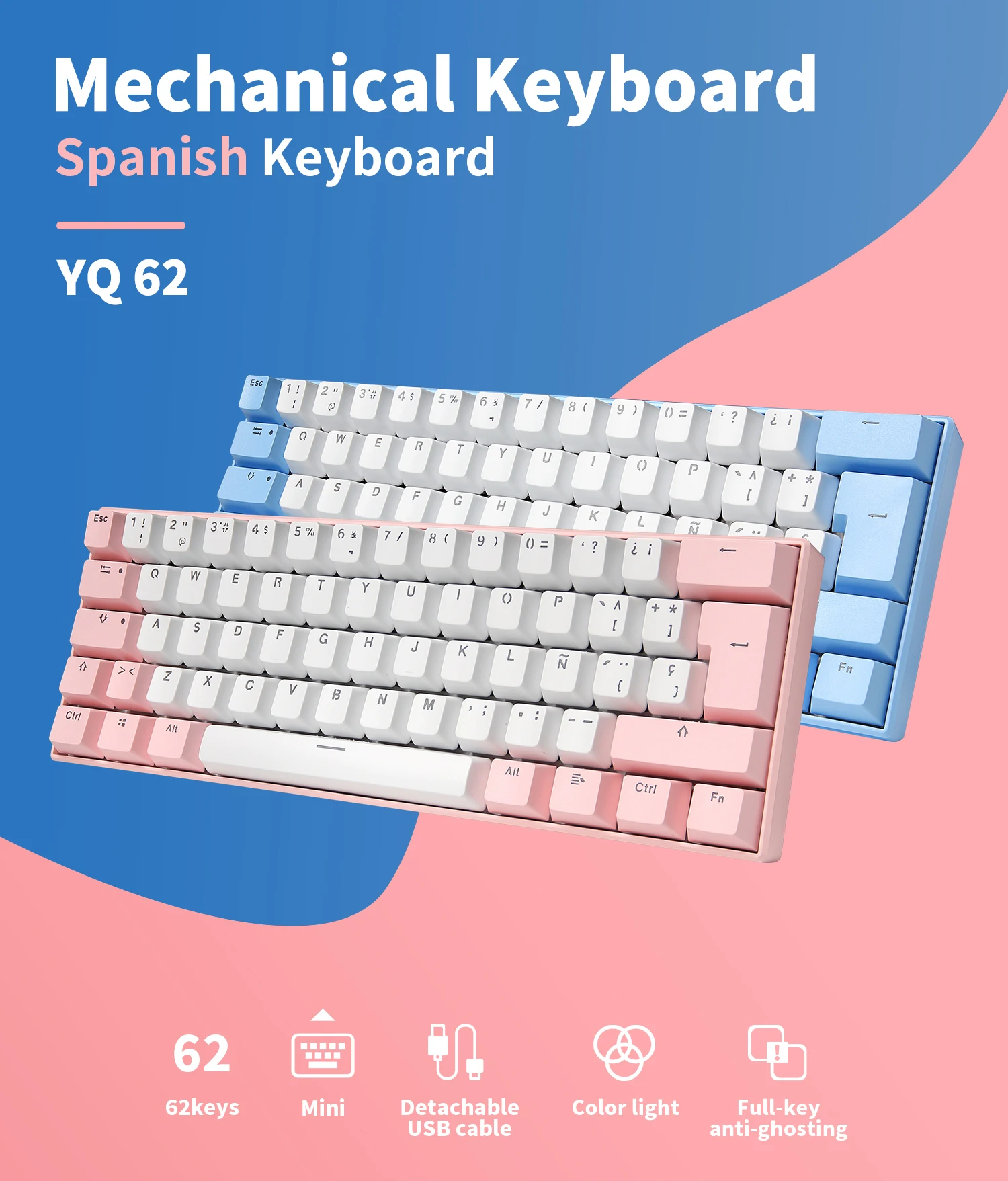 Custom ABS Spanish Keycaps - 61 Keys RGB Pink Keyboard