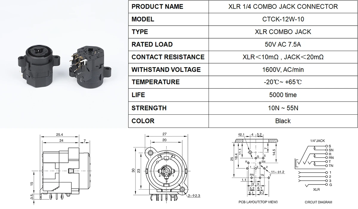 Xlr Combo Jack Combining 3 Pole Xlr Female Socket And 6.35mm Jack ...