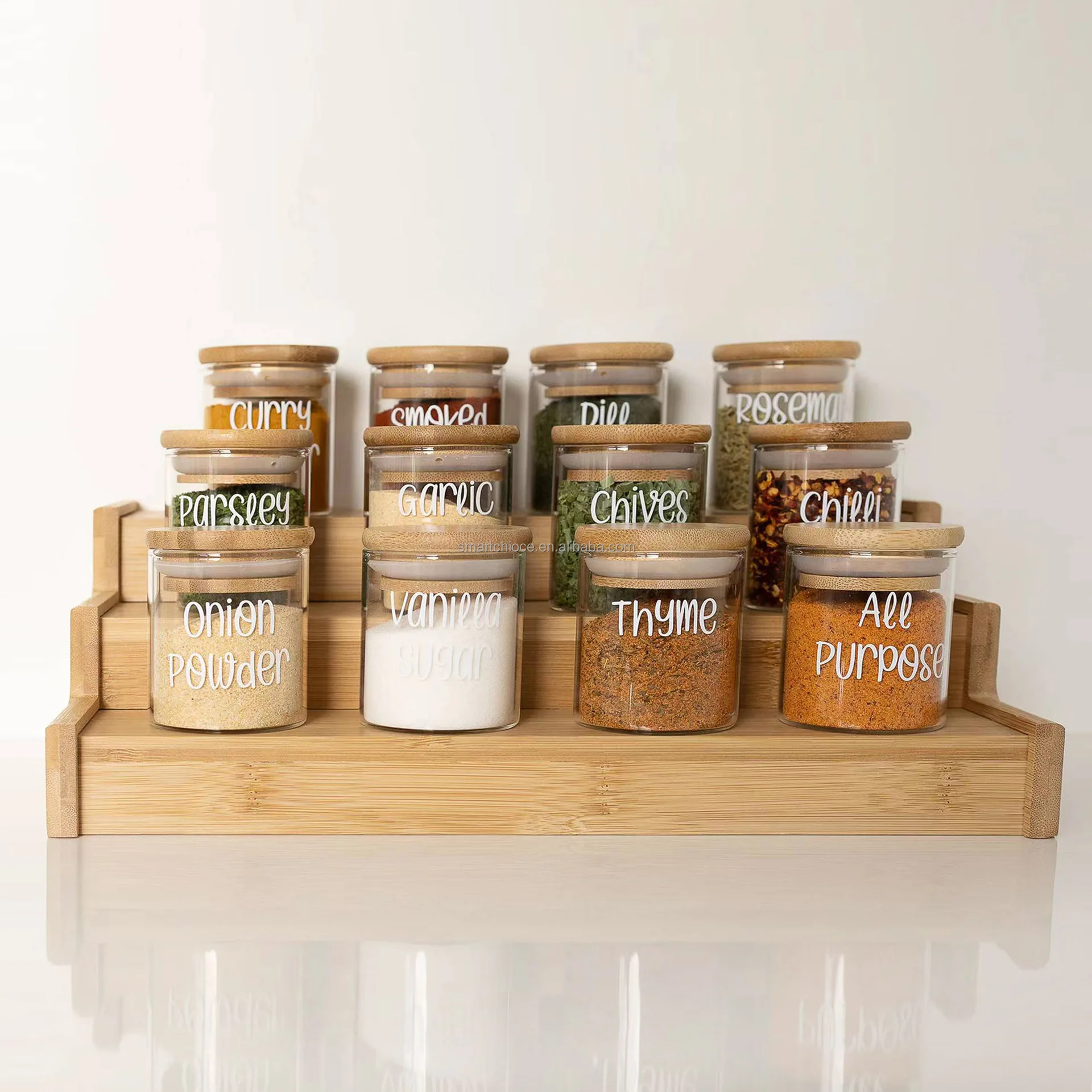 3 Layers Ladder Bamboo Frame Glass Seasoning Jar Set Pen With English ...