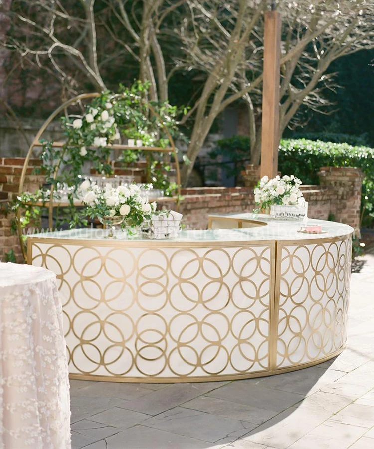 Custom Made Half Moon Shape Restaurant Glass Top Gold Metal Bar Counter ...