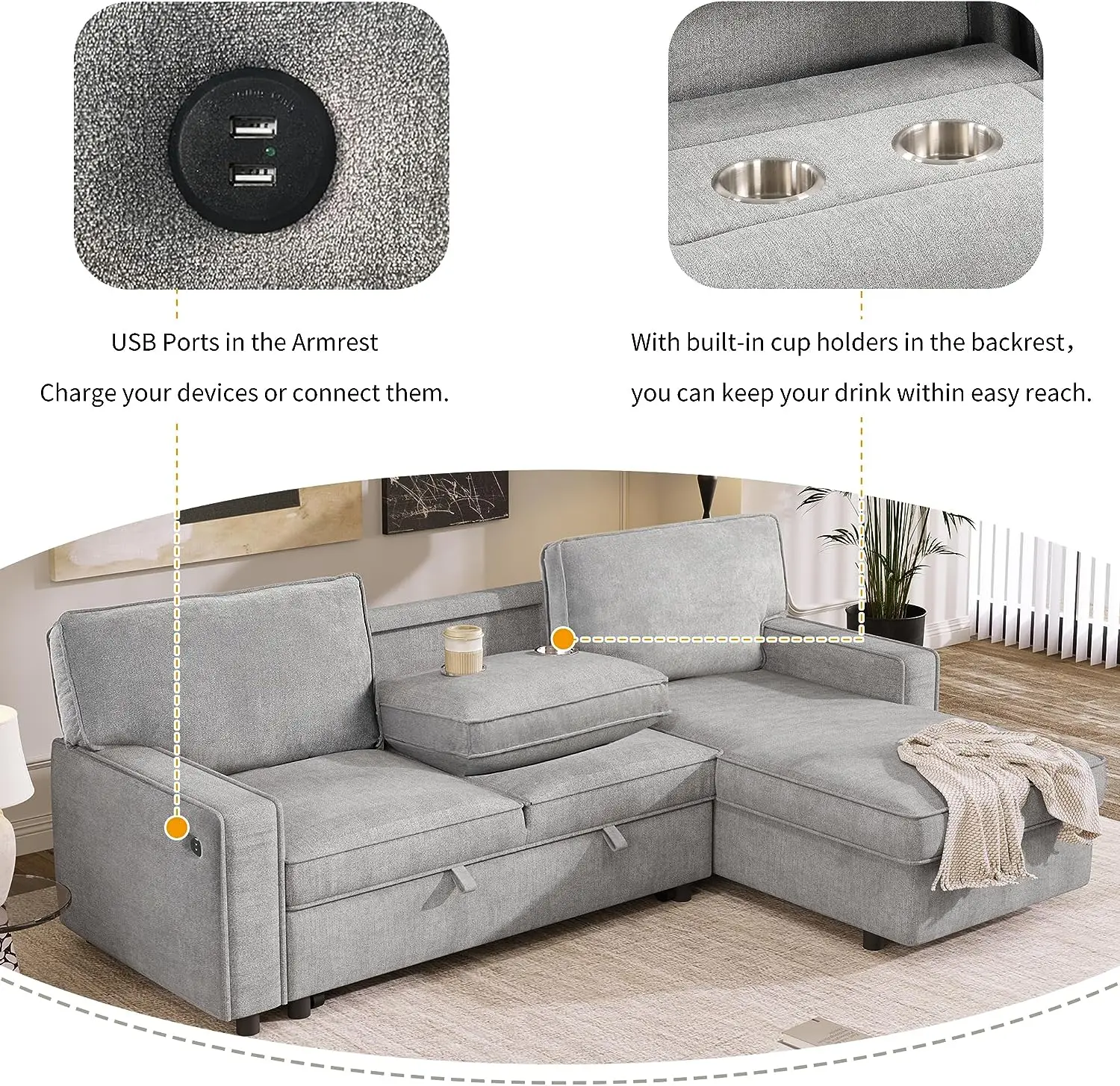 Sleeper Sofa Bed,L-shaped Sectional Sofa With Reversible Storage Chaise ...