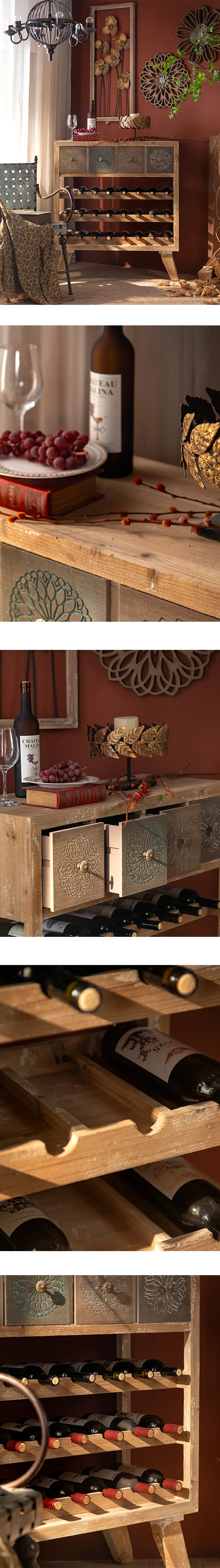 Living Room Retro Bar Cabinet Wooden Storage Cabinet 3 Layers Wine Rack Solid Wood Wine Storage ...