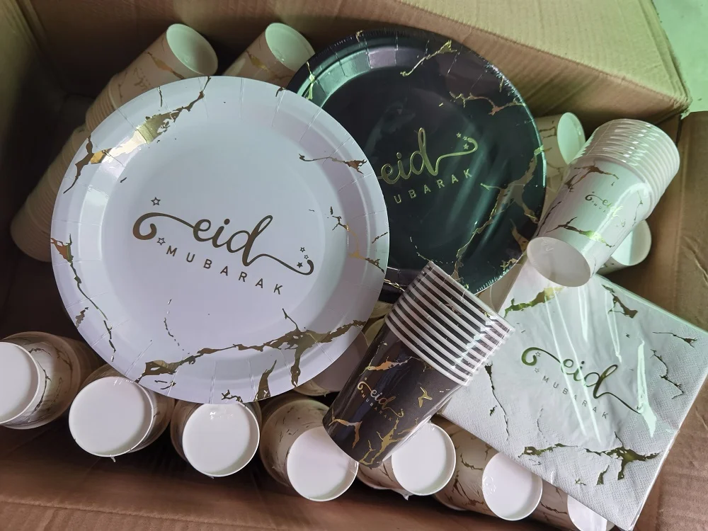 Luxury Rose Gold Foil Eid Mubarak Party Paper Plate Cup Napkin ...