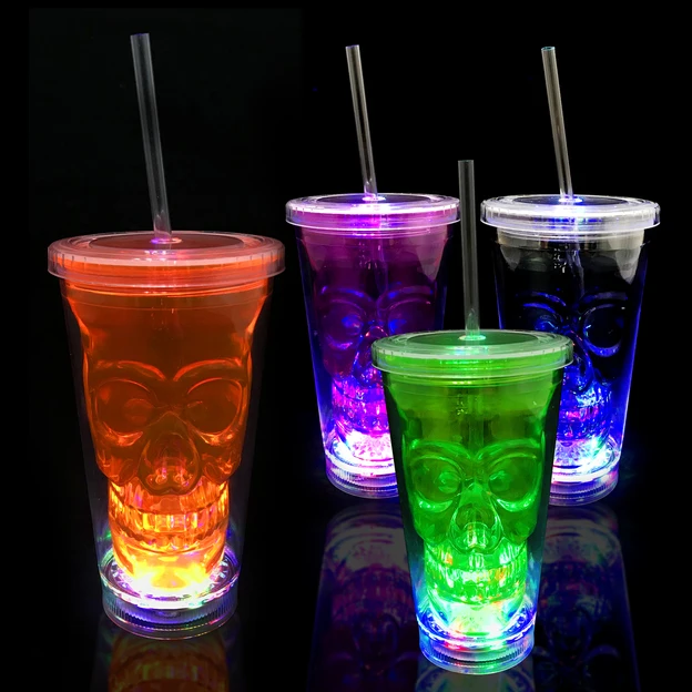 16oz Led Plastic Skull Double Wall Beer Cup With Lid Led Halloween ...