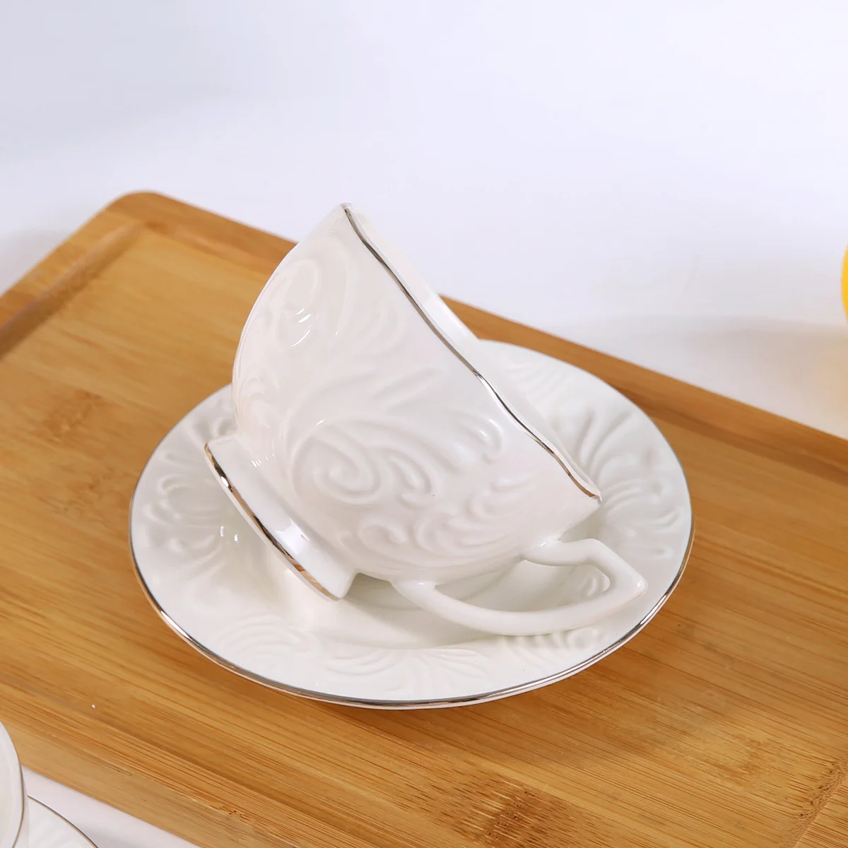 Luxury White Gold Tea Cups Set of 6 Turkish Embossed Coffee Cups Set 220ml Ceramic Tea Gift Set ...