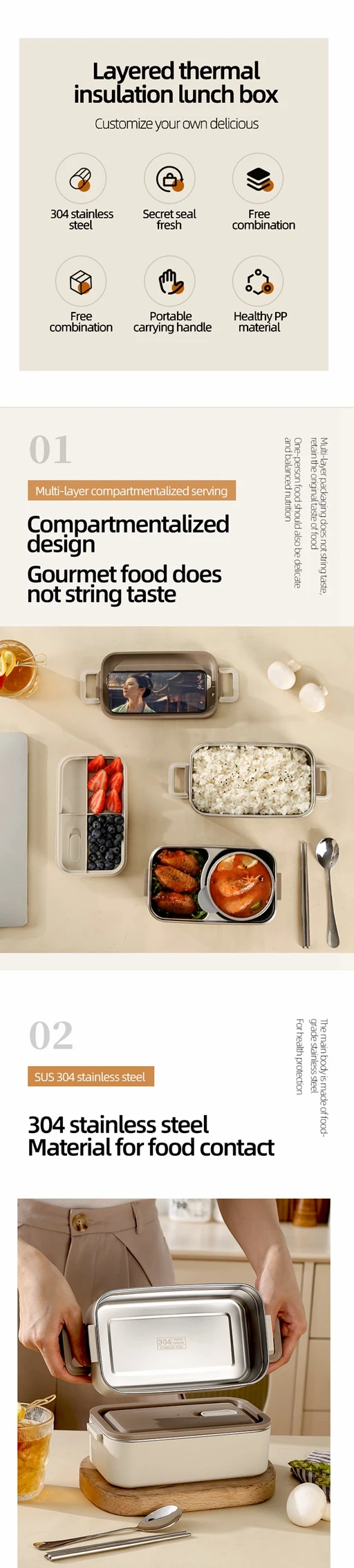 FTS Bento Box Plastic Japanese Custom 304 Stainless Steel Set Portable ...