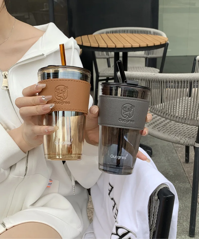 Ins Custom Logo Leather Straw Tumbler 450ml High Quality Glass Tumbler Mug For Student Girl ...