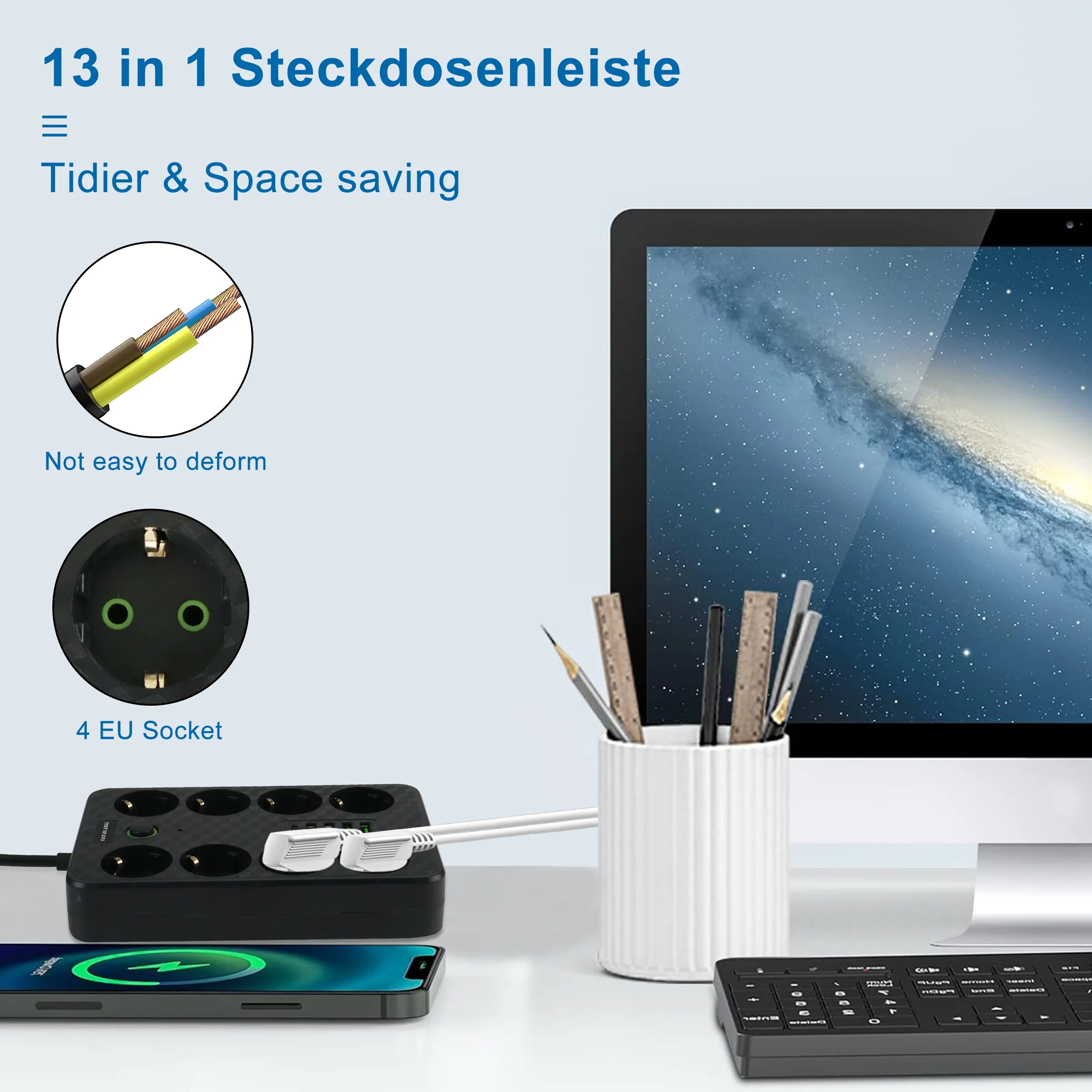 European Power Socket 8 Outlets with 4 USB and 1 Type C Color Black ...