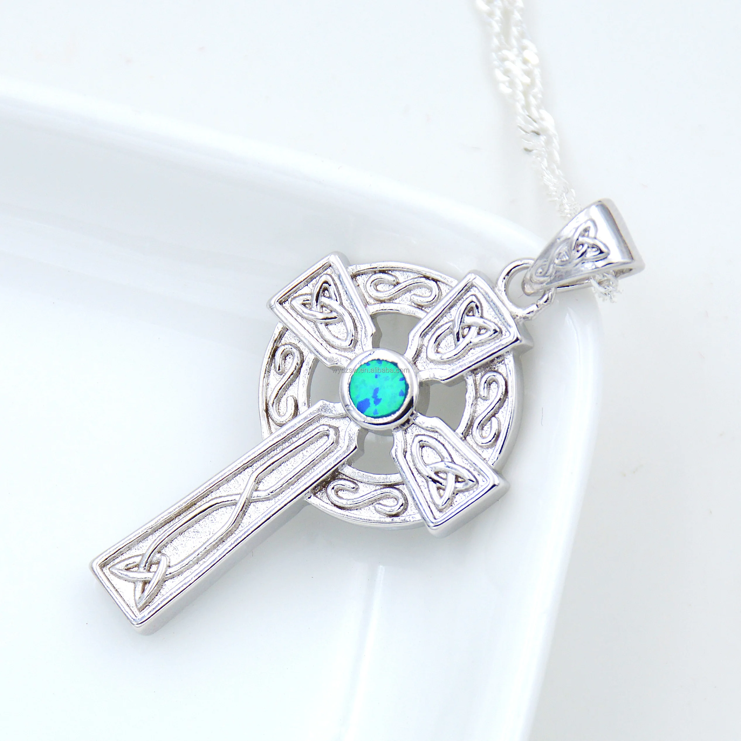 Blue Opal Irish Celtic Knot Cross Claddagh Pendant Necklace Saint ...