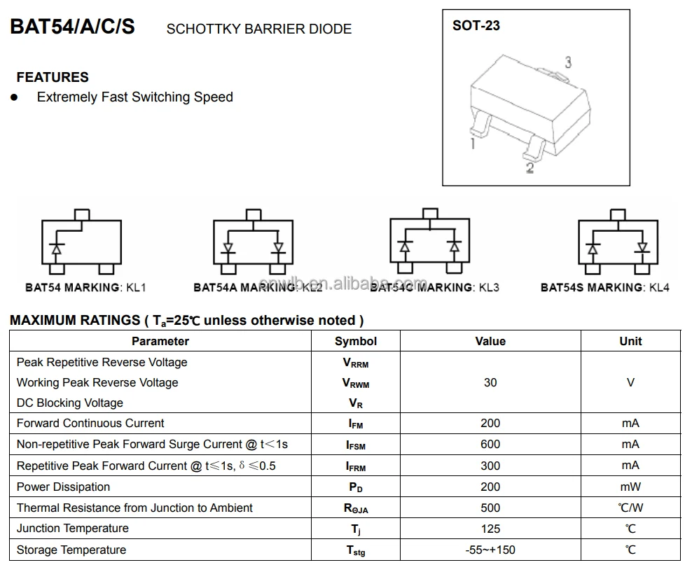 Original Transistor Diode Manufacturer Bat54c 1 Pair Of Common Cathode Schottky Barrier Diode ...