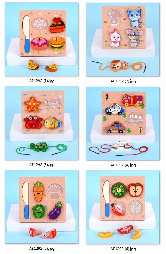 6 Styles Wooden 3d Puzzle Blocks String Early Educational Threading ...