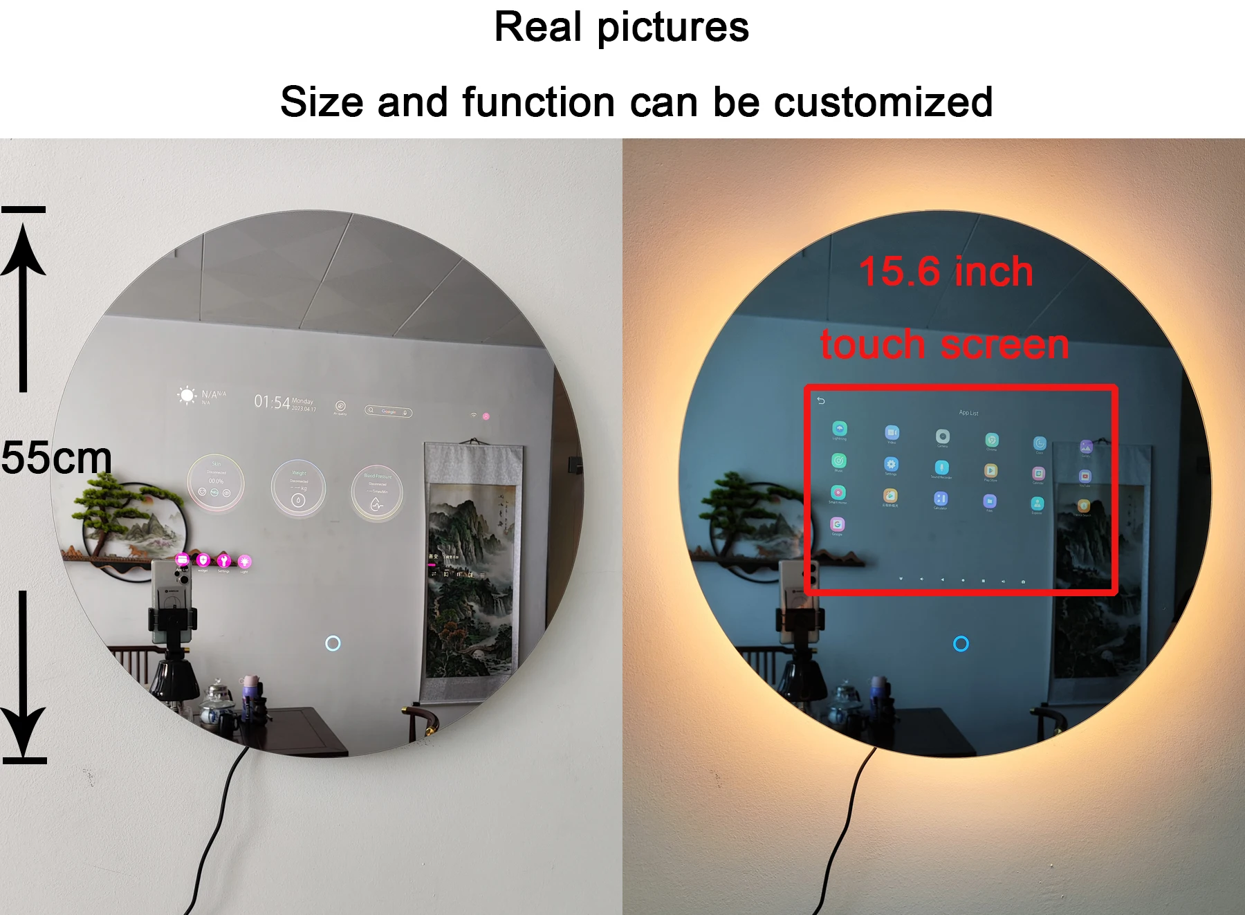 Modern Round Hotel Bathroom Mirror With Led Speaker Decorative Frame Android Bathroom Mirror Tv ...