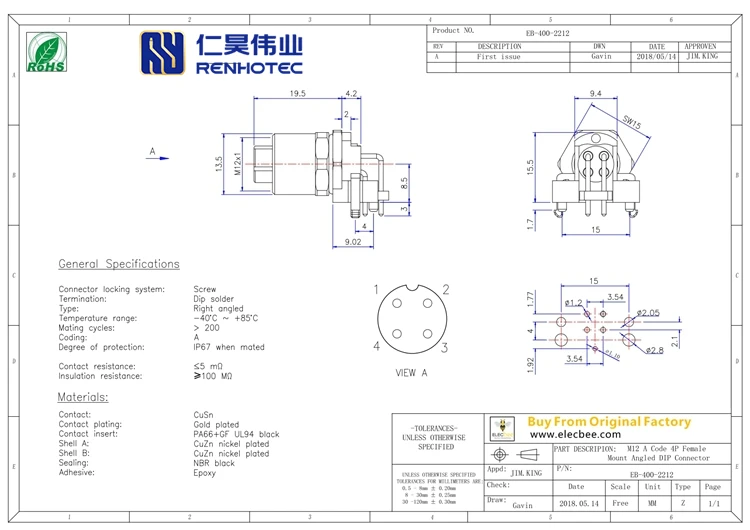 M12 Pcb Panel Mount Rear Bulkhead Male Female Connector 4p 4pin 5p 5pin ...