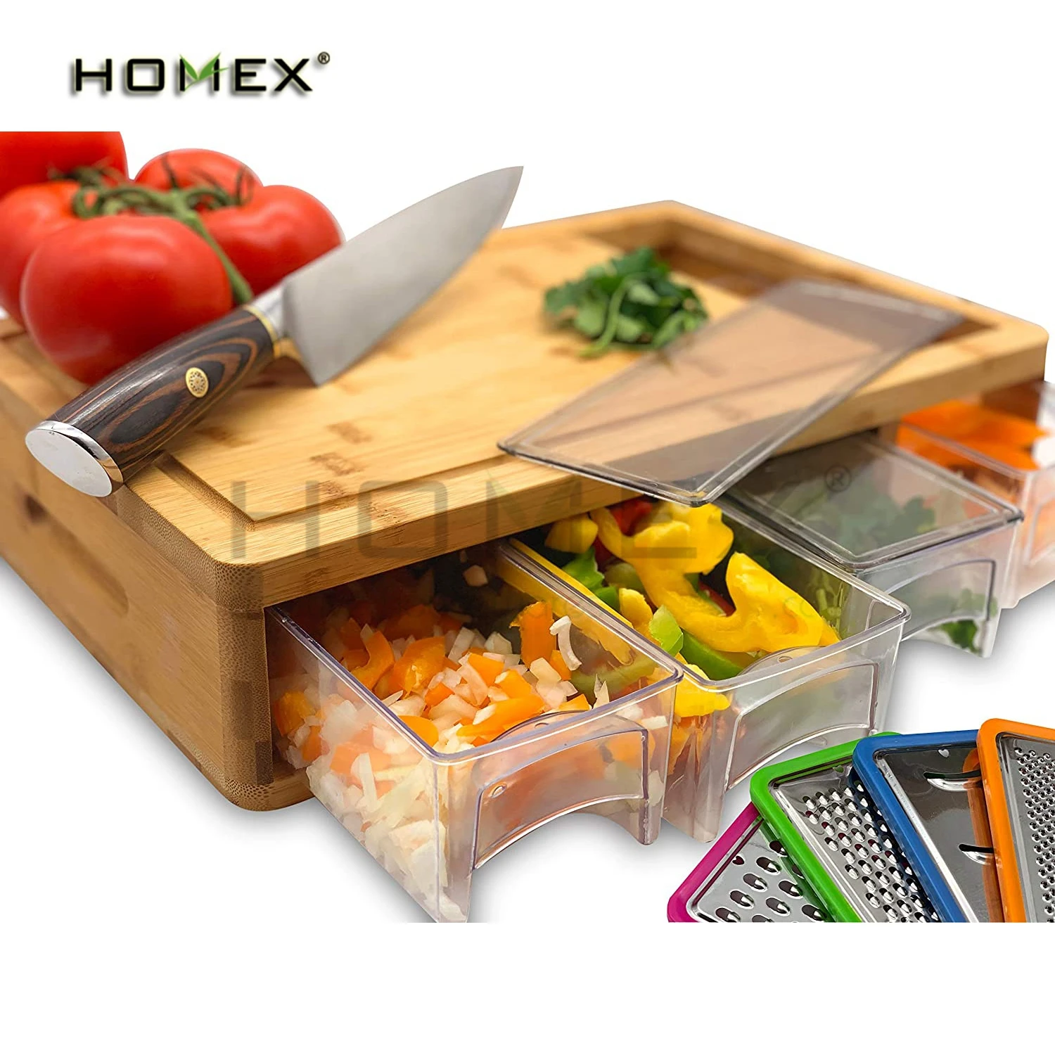 Large Kitchen Bamboo Cutting Board With Containers,Multi-functional ...