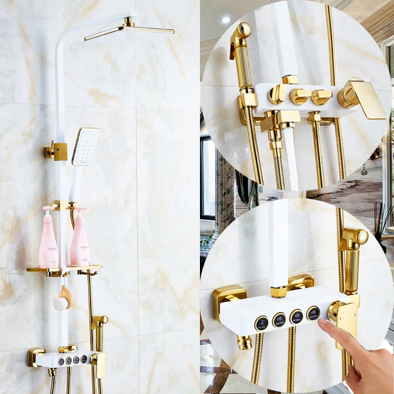 White Gold Bathroom Shower Set Square Rainfall Shower Head White Gold ...