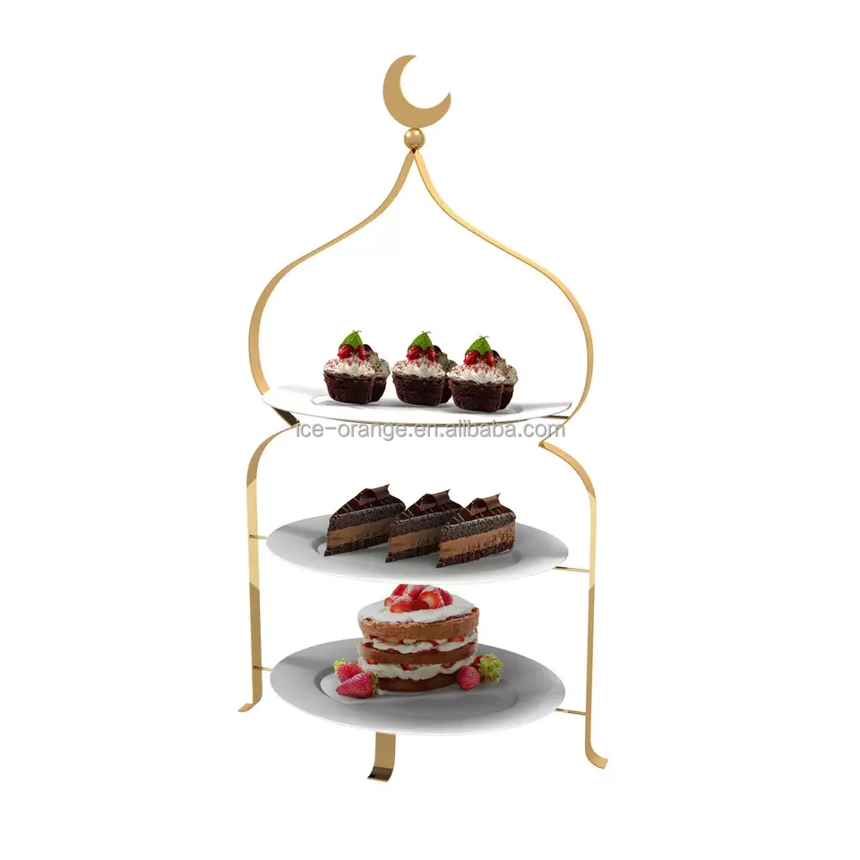 Ramadan Gold Masjid Mosque Metal 3 Tiers Cake Display Stand for Dining Room