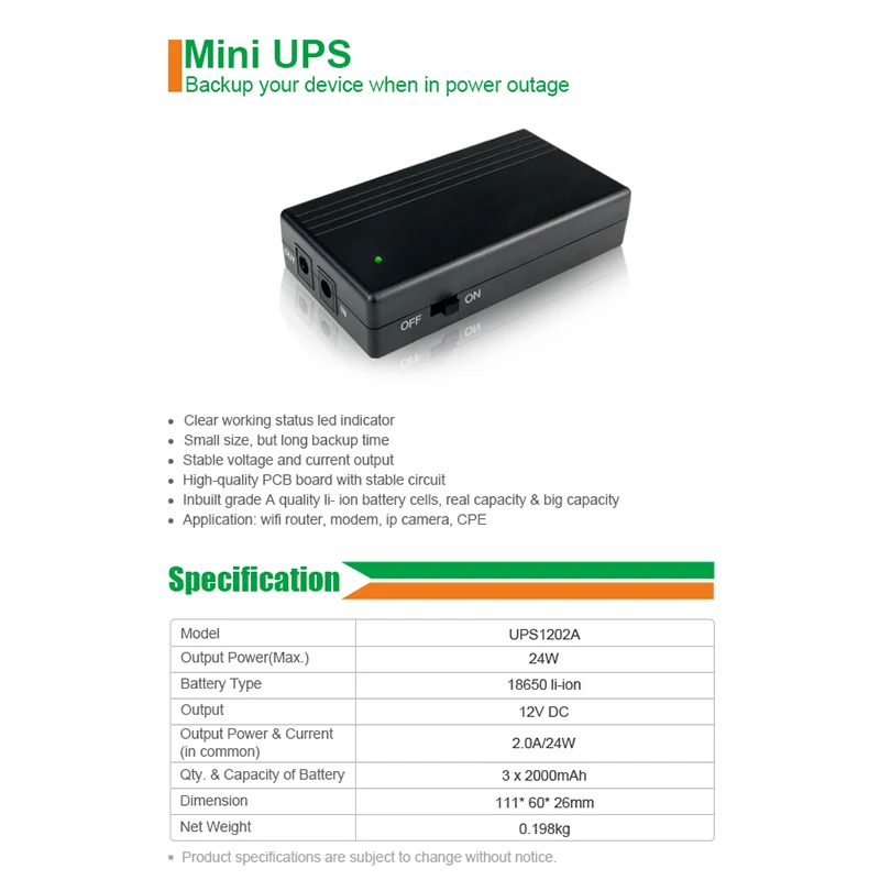 Mini UPS Power Supply System 12V 2A UPS1202A for Home Devices