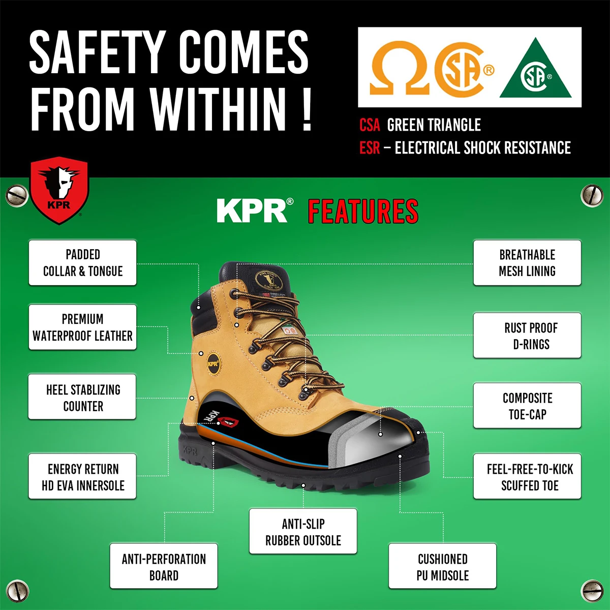 KPR Men's M222 Approved ESR Waterproof 3M Safety Boot Steel Toe ...