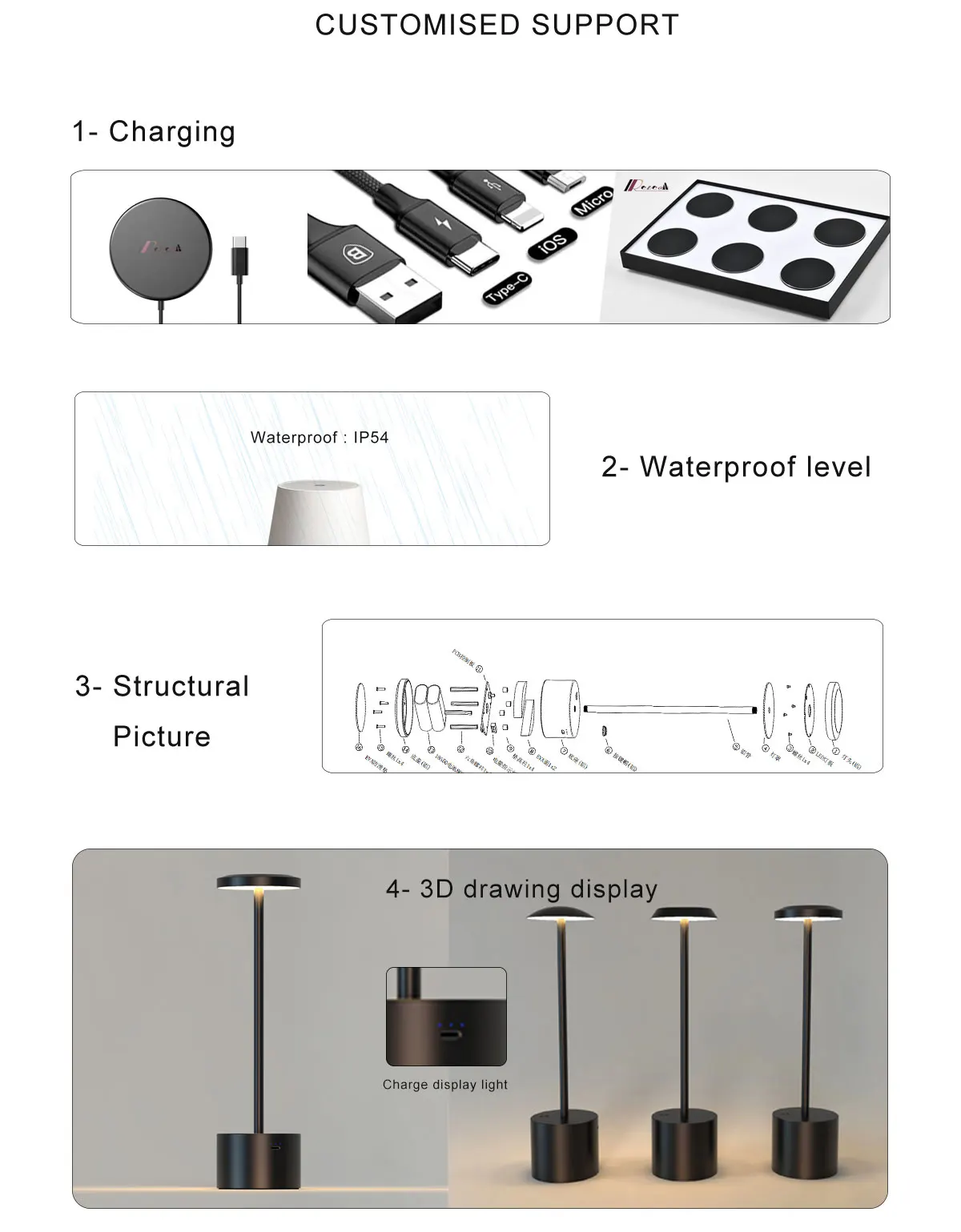 Rebecca Wireless Tray Charge Trolley Rechargeable Lamp Light Portable ...