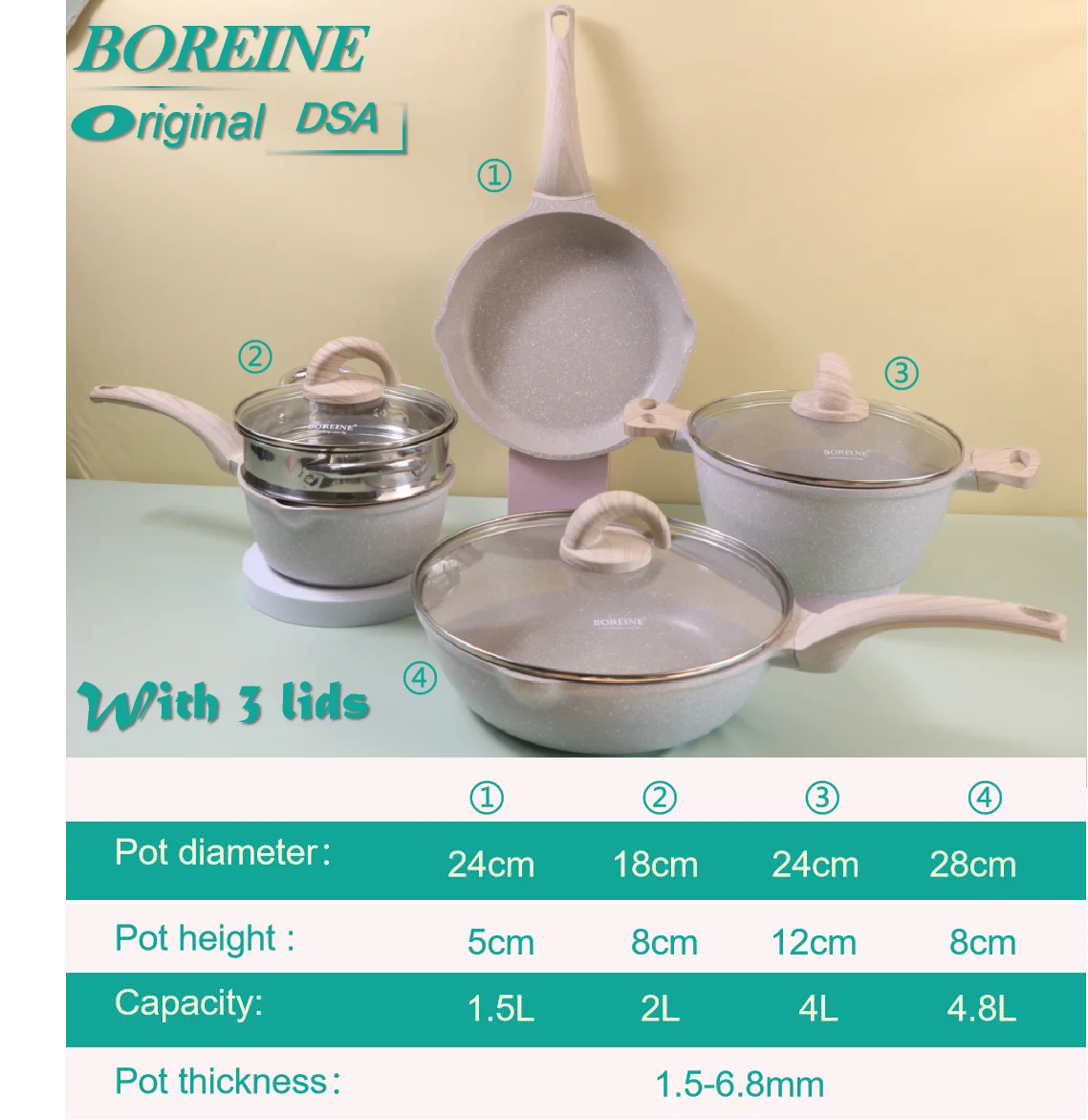 8 Pcs Beige Granite Non Stick Induction Die Cast Aluminium Cookware ...