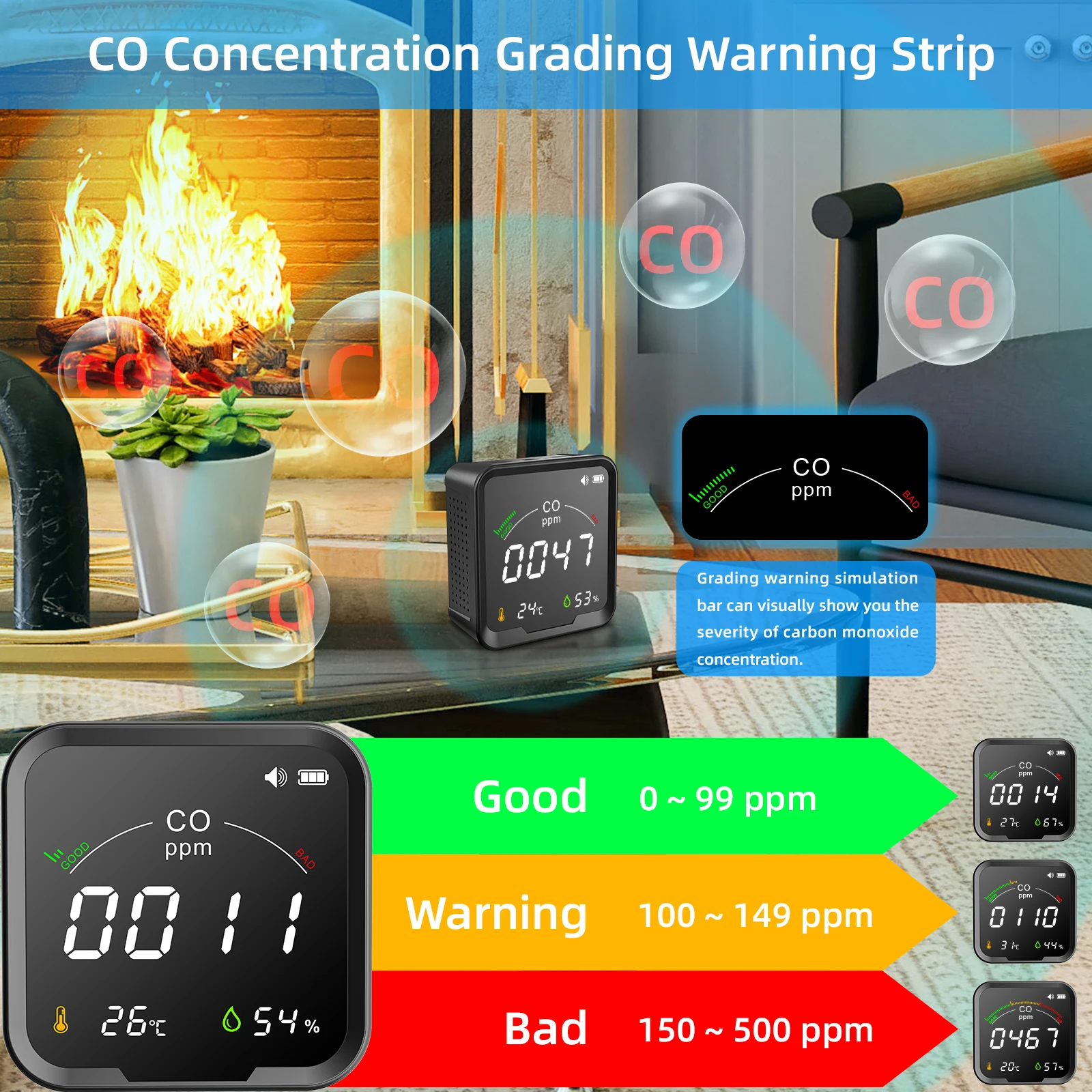 CARBON MONOXIDE Monitor with Temperature & Humidity CO Meter ...