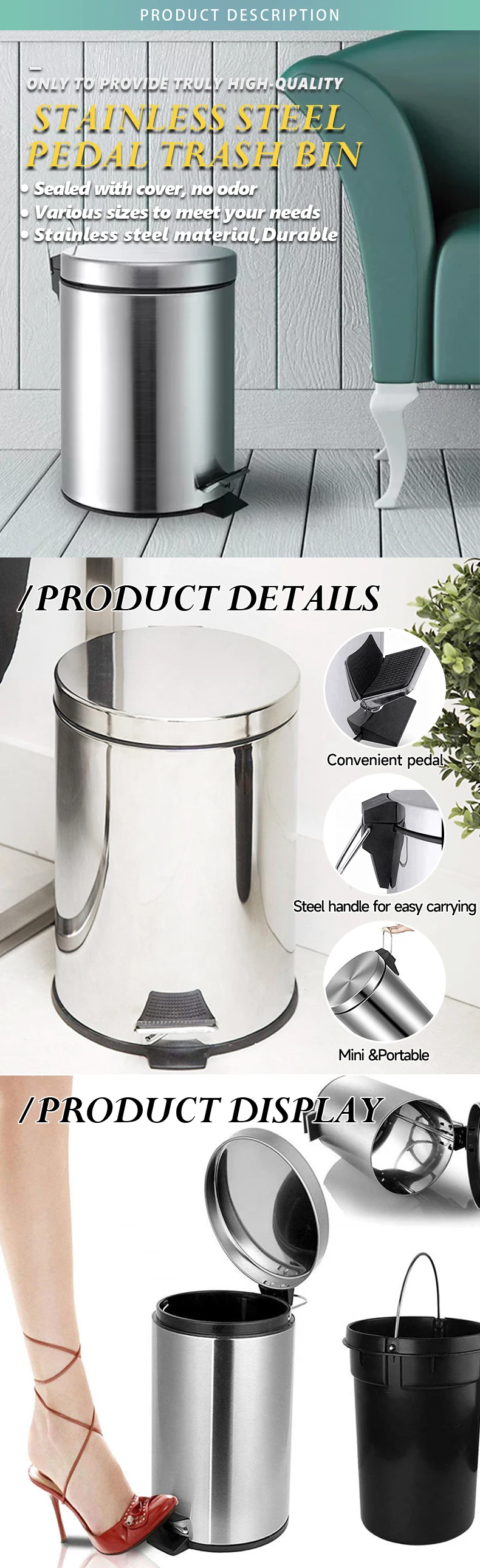 Stainless Steel Rectangular Soft-close Trash Can Pedal Bin Foot Step ...