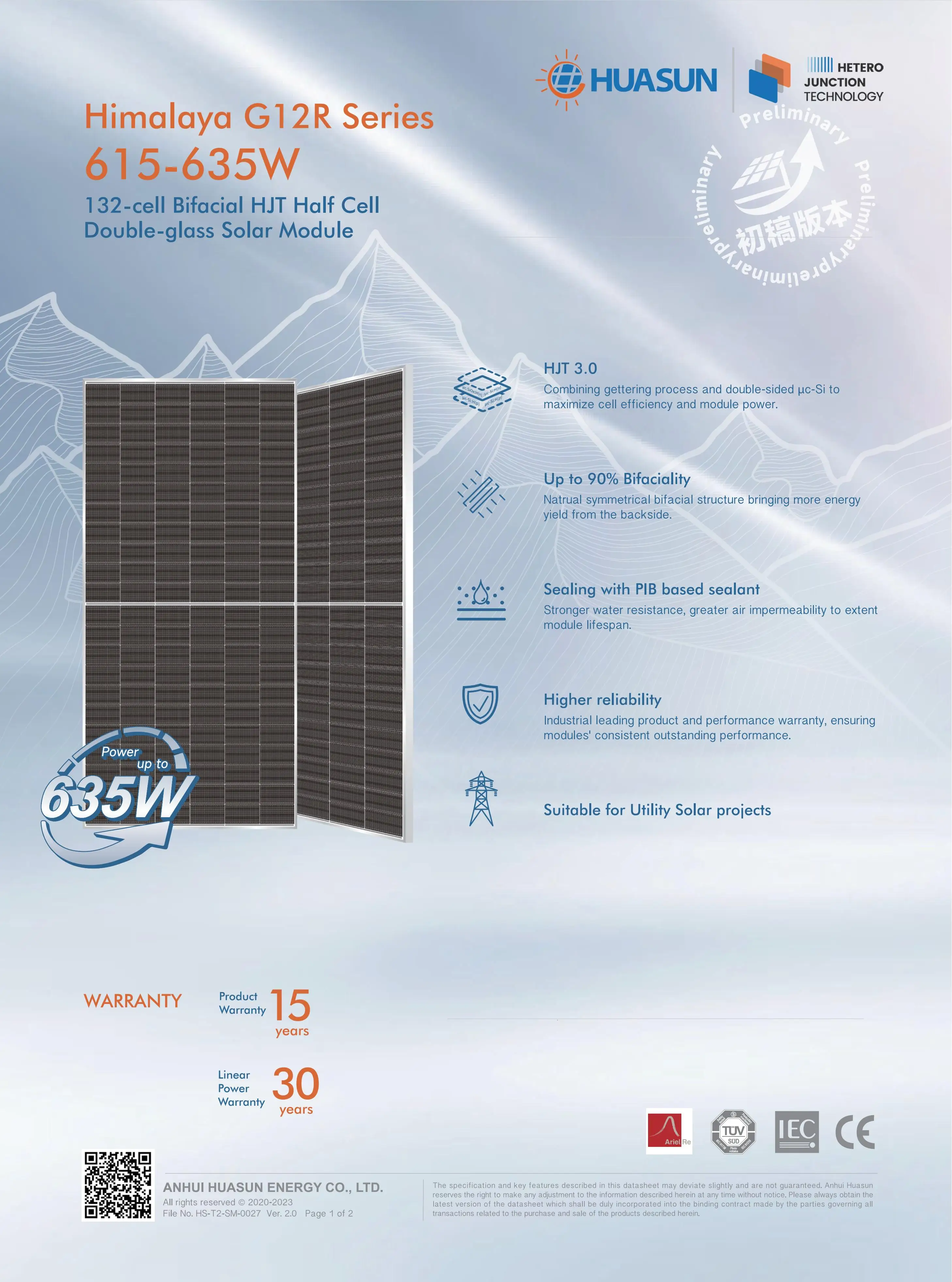 Huasun Hjt Half Cell Solar Module 615w 620w 625w Bifacial 630w 635w ...