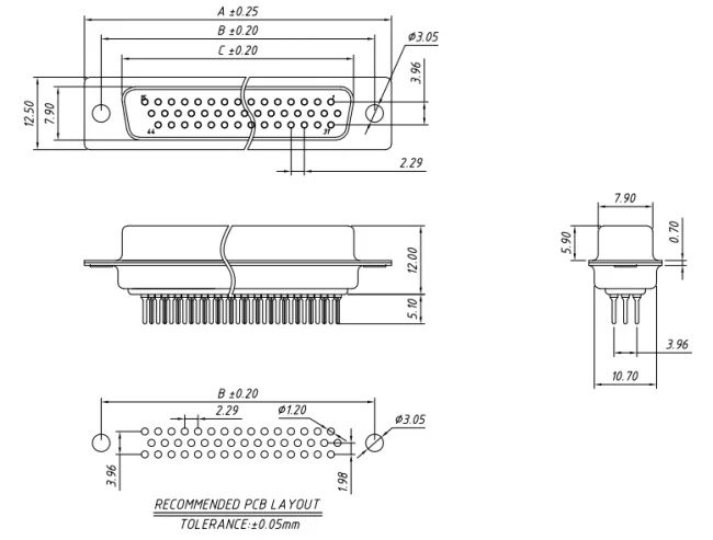 DB44 PCB Solder D-Sub Female Straight Pin Connector