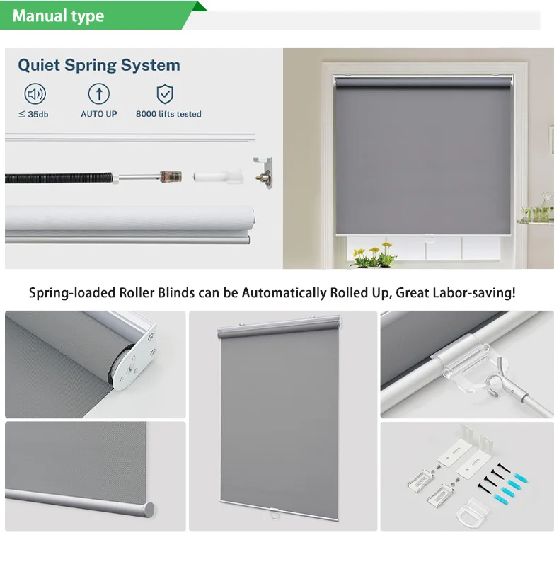 Spring Loaded Waterproof Thermal Roller Blinds for Windows