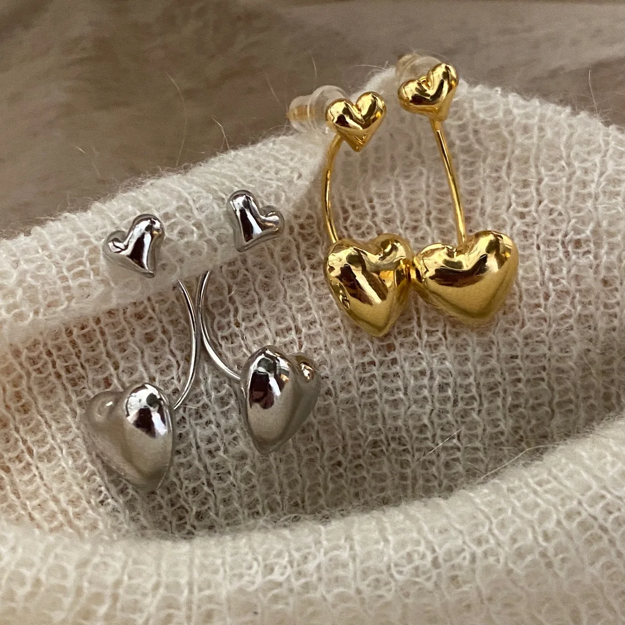 Classic Korean Chunky 18k Silver Gold Plated Double Heart Stud Earrings 925 Sterling Silver Pin ...