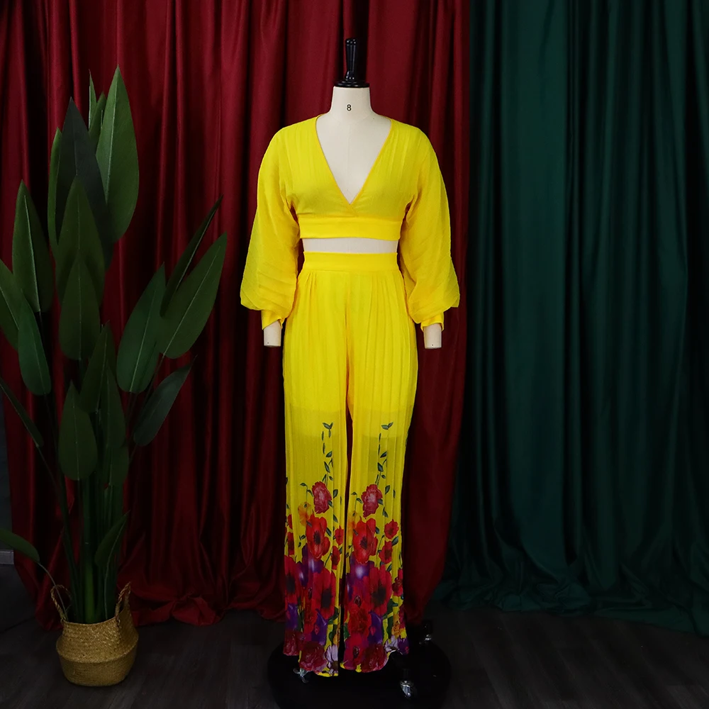D273 New Design Elegant Pleated Transparent Printed Two Piece Pants ...