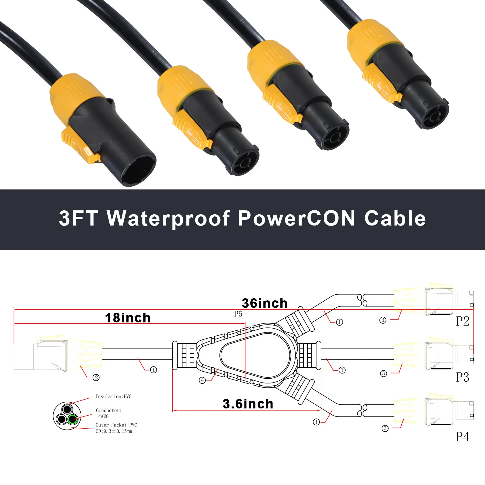3x NAC3FX-W-TOP Powercon True1 Cable,y Cord Powercon to NAC3MX,powercon ...
