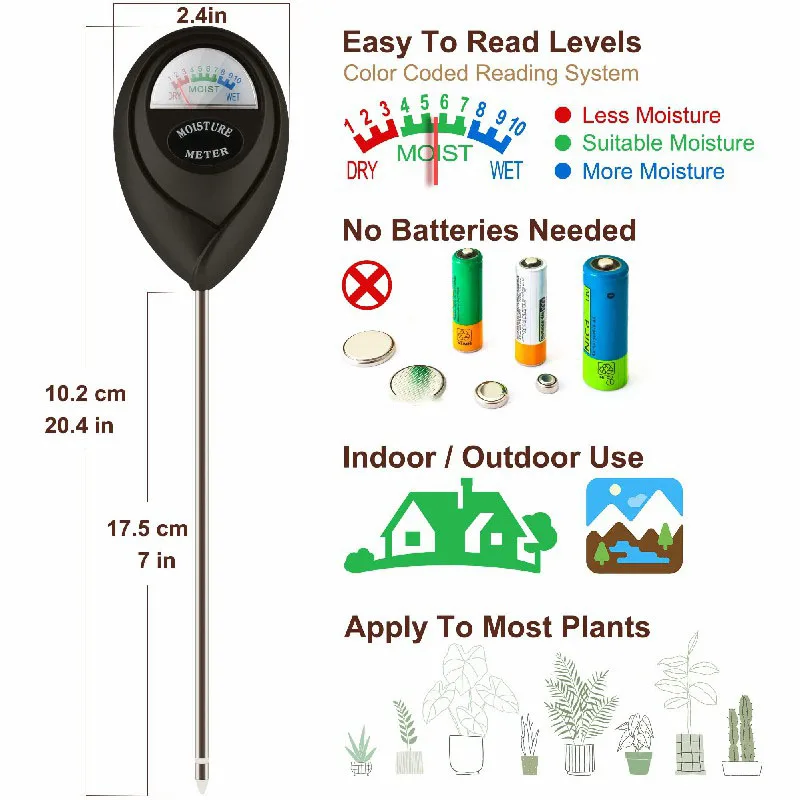 Indoor and Outdoor Soil Tester - Easy Read Moisture Detector