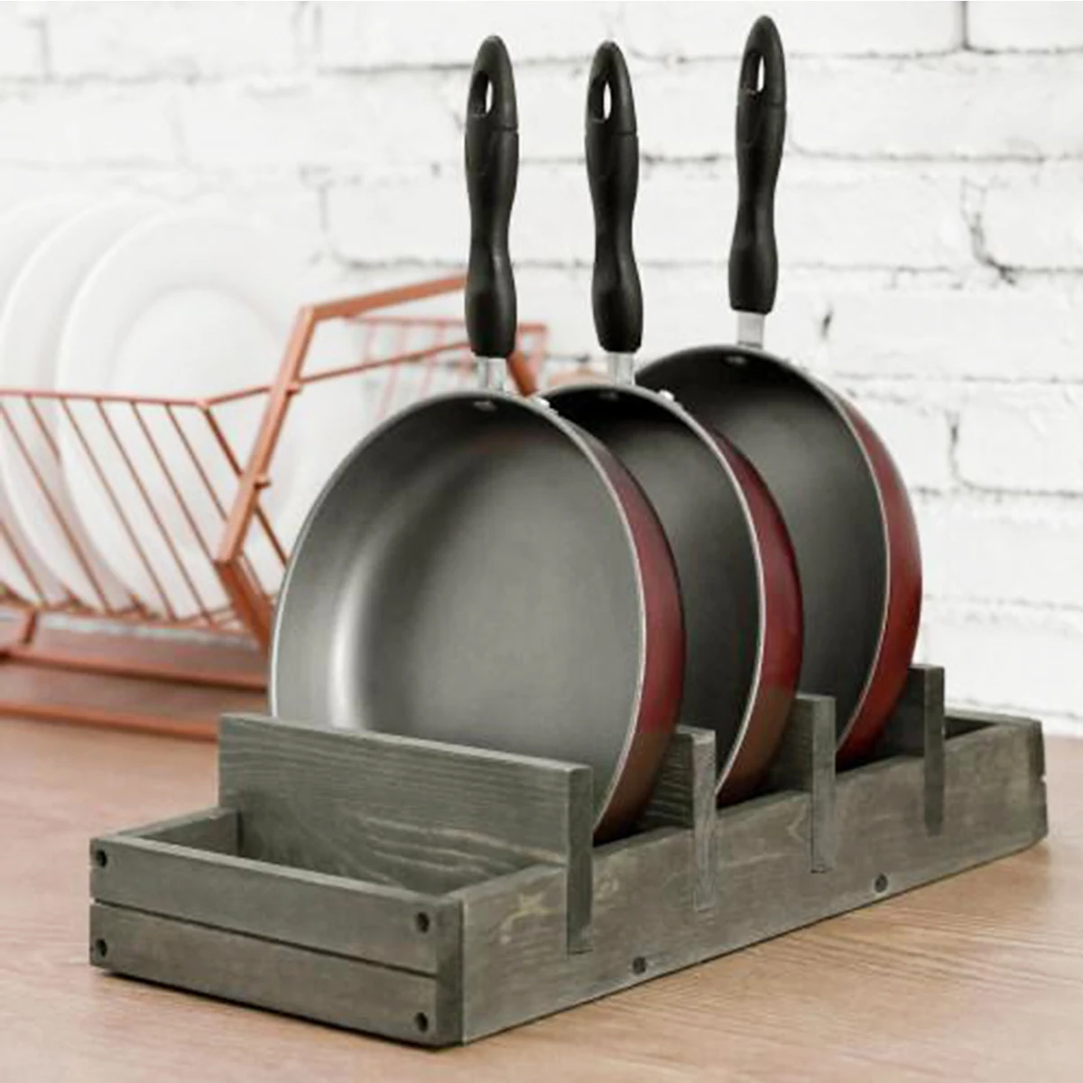 Cooking Cookware Storage Organizer Vintage Gray Solid Wood Countertop ...