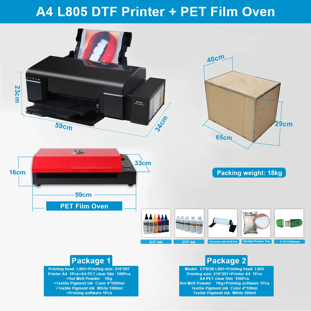 L805 DTF Printer Full Set with Heat Transfer Supplies & Pigment Ink - OEM