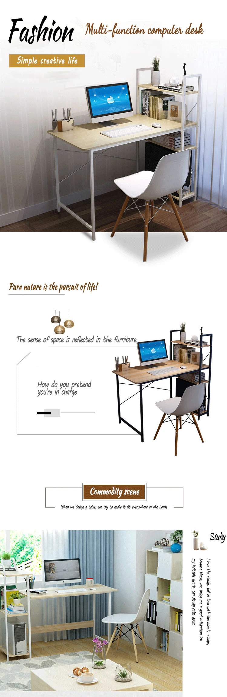 2024 New Single Office Table Desktop Computer Desk Simple With Bookcase ...