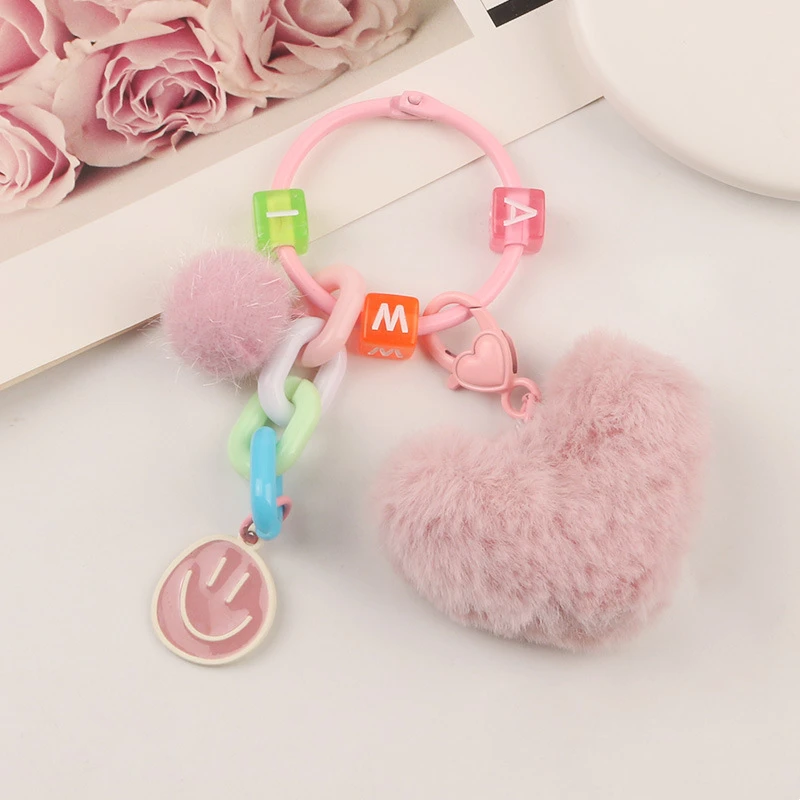Wholesale Pink Sweet Heart Keychain Fur Ball Faux Fur Fluffy Pom Pom ...