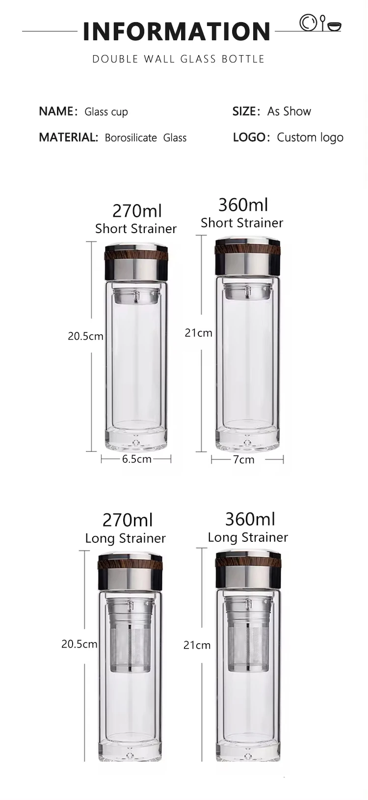 Wholesale Custom Logo 350ml Clear Double Wall Glass Bottle