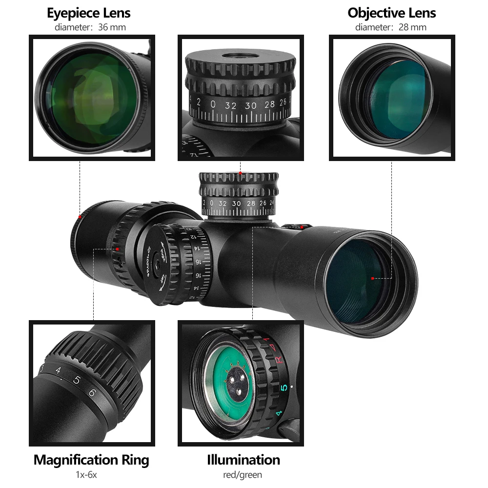 Red Green Blue Illuminated Dot Reticle 1-6x28 Optical Sights Tactical ...