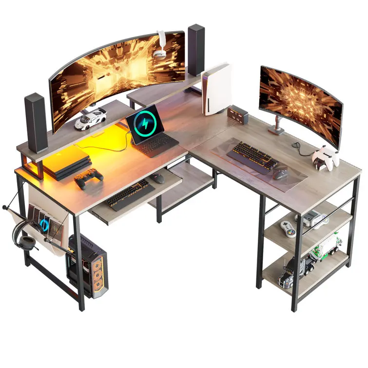 AJUNION Multi-Functional Gaming Desk with LED RGB Lights Dual Monitor ...
