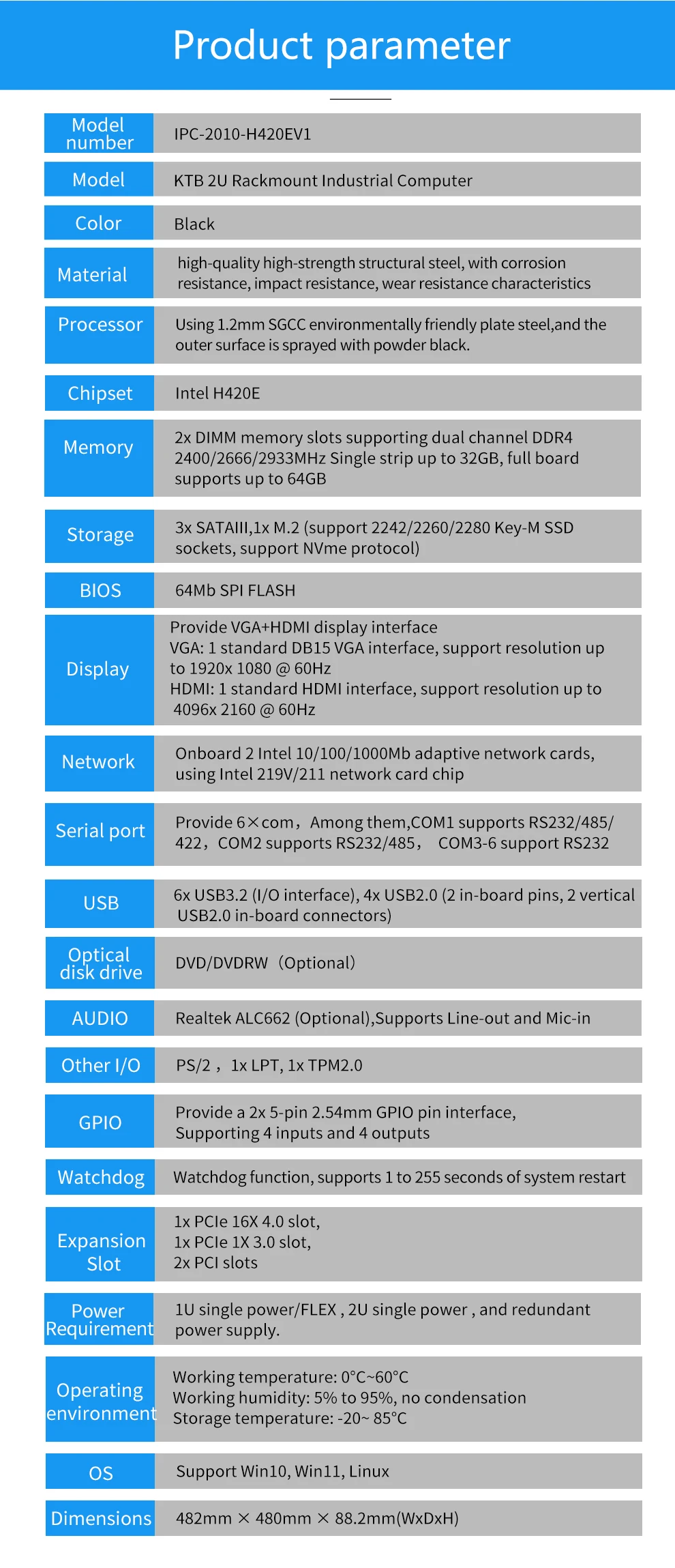 KTB Kangtai 2U Rackmount Short Depth IPC Server Chassis Industrial Computer Case Supports ATX ...