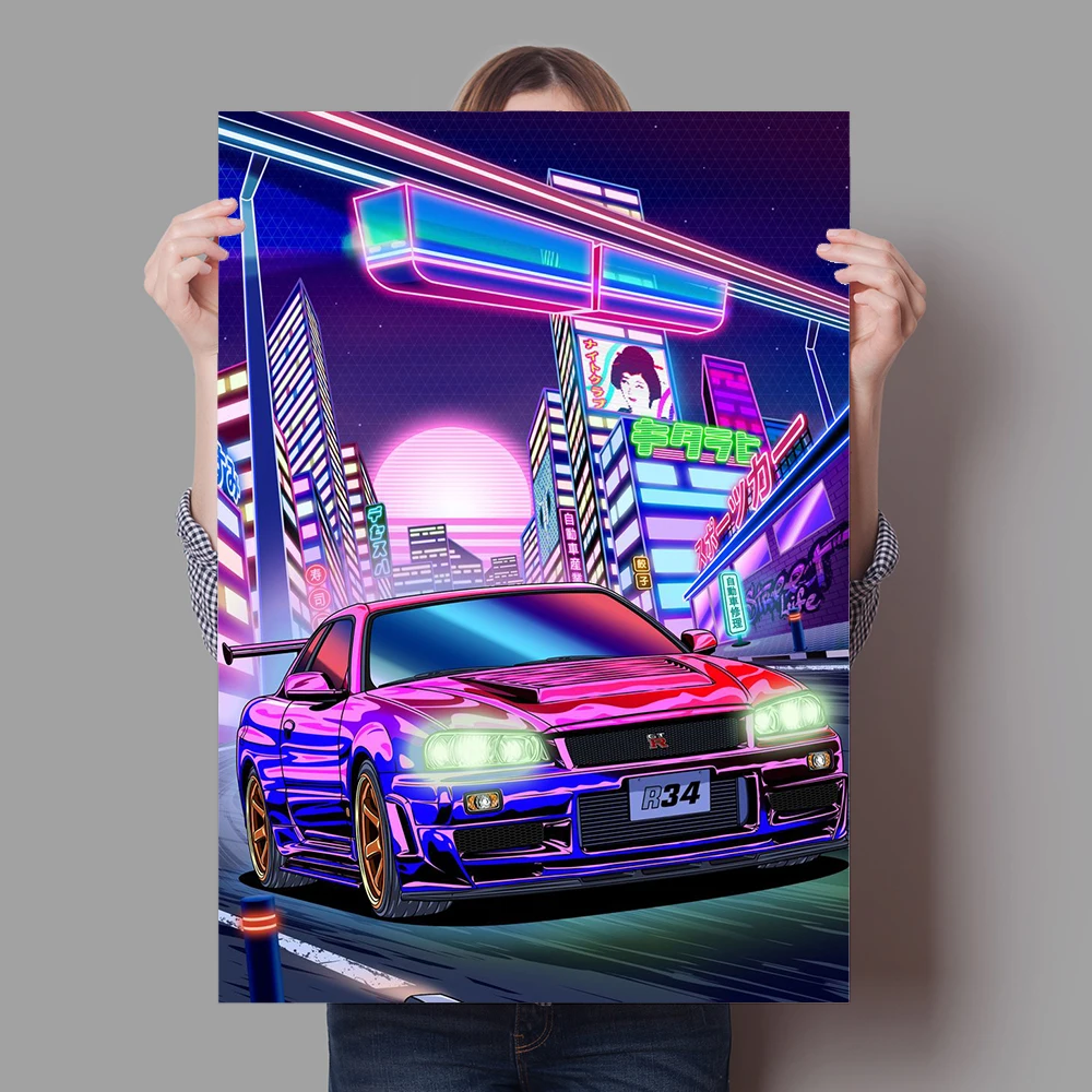 Nissan Gtr R34 Neon Night Car Poster Wrx Neon Street Canvas Painting ...