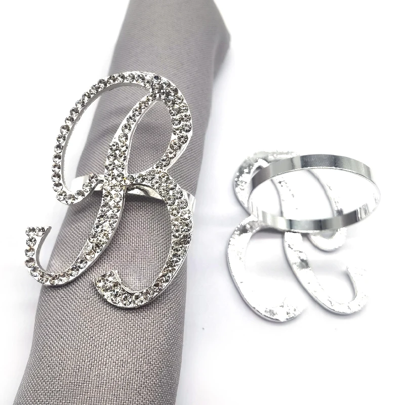 Wedding Table Setting Customize Rhinestone Silver Plated Capital Couple Initial Napkin Rings