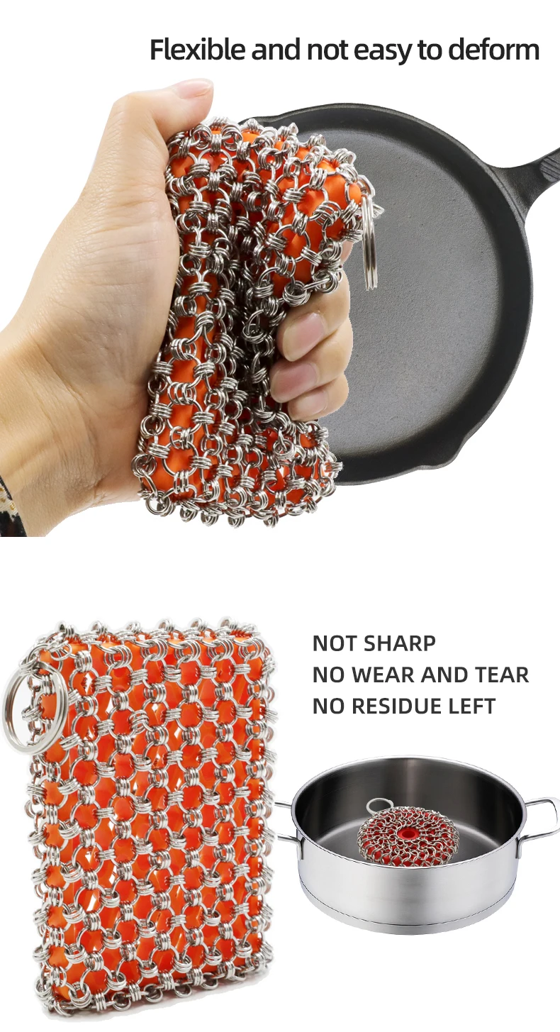 Cast Iron Skillet Cleaner Chainmail Cleaning Scrubber Silicon Stainless ...