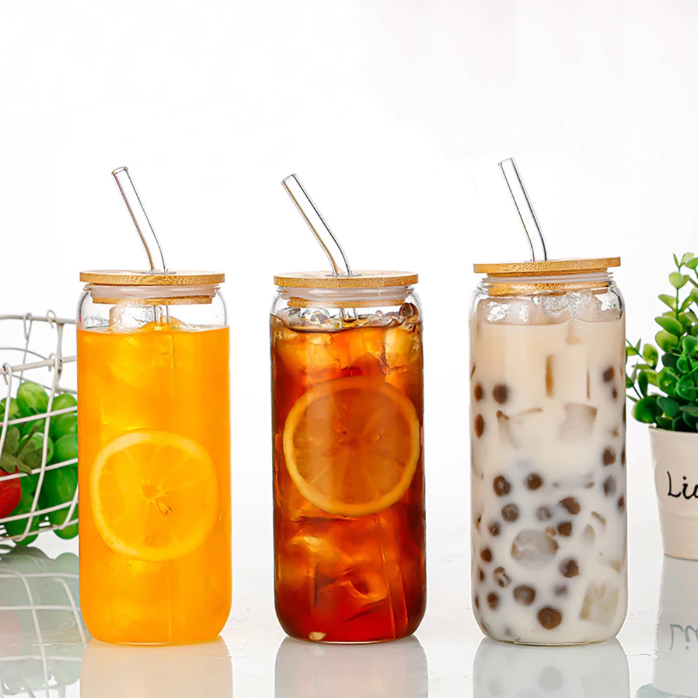 Drinking Glasses With Bamboo Lid And Glass Straw 16 Oz Can Shaped Glass ...