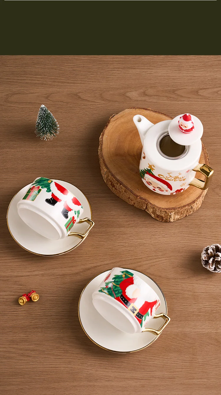 Gold Plated Porcelain Christmas Teapot Set - One Pot Two Cups