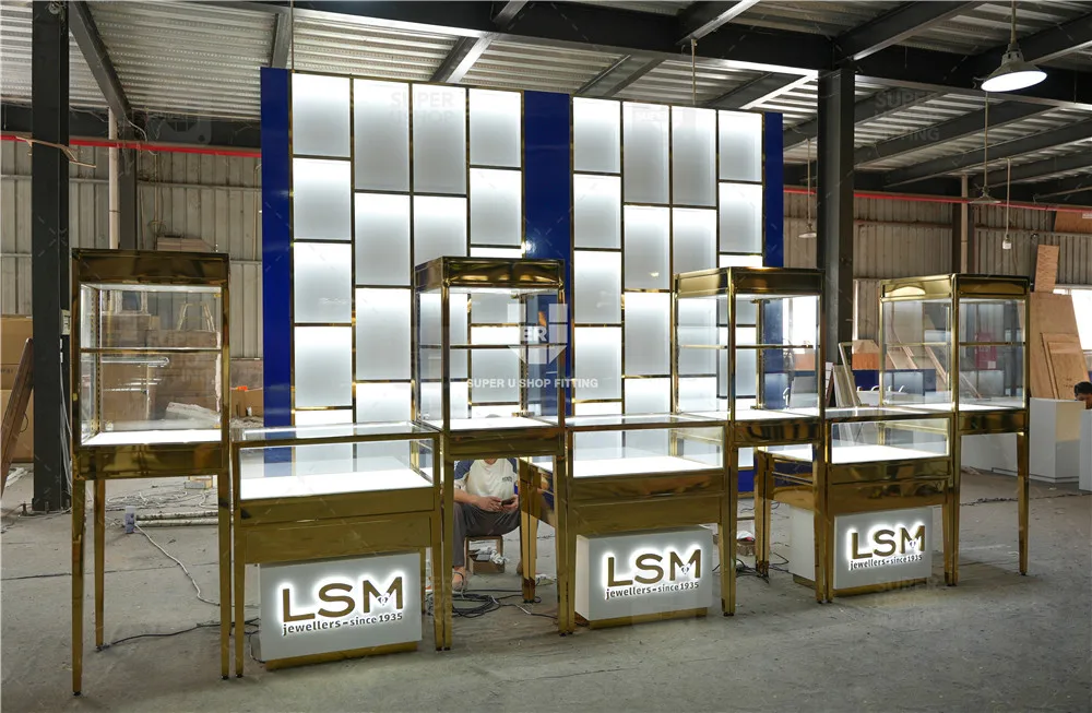 Trendy Custom Jewellery Display Cabinet Gold Stainless Steel Led ...