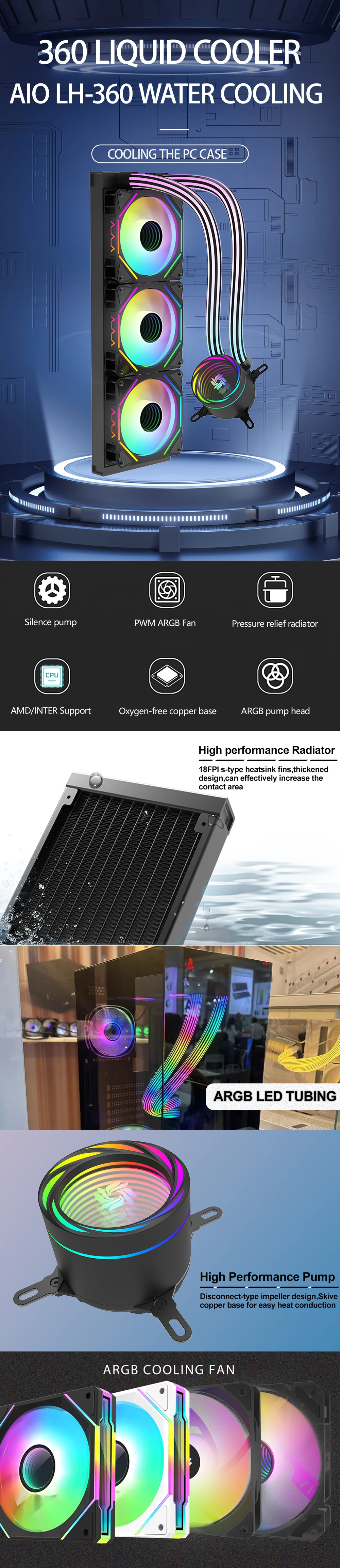 360mm Cpu Water Cooling 5v Argb Fan Strong Gaming Computer Case Aio Cpu ...